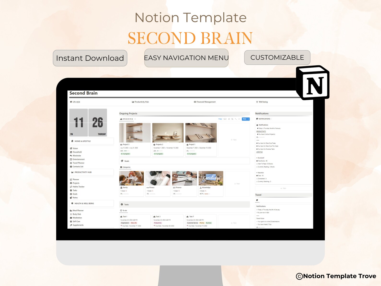 Ultimate Second Brain Notion Template, Notion Second Brain, Notion Second Brain Life Planner ...