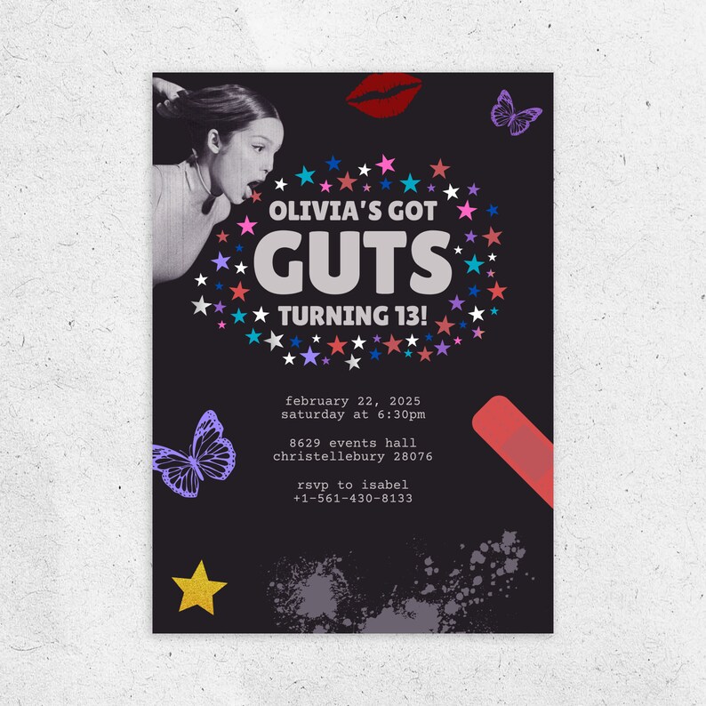 Olivia Rodrigo Guts Inspired Birthday Invitation Template Purple Stars ...