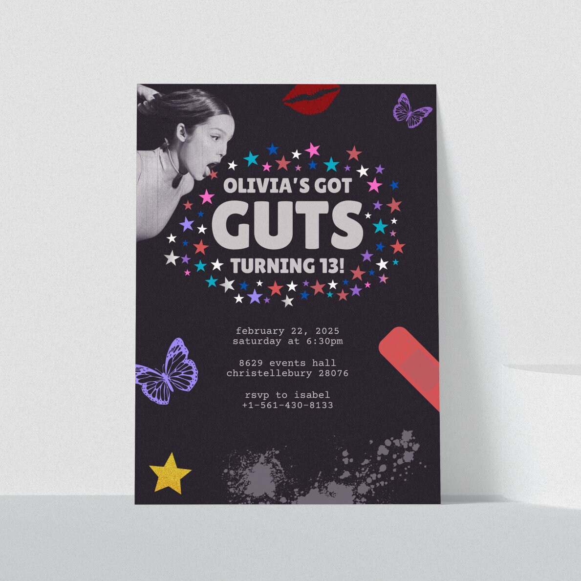 Olivia Rodrigo Guts Inspired Birthday Invitation Template Purple Stars ...