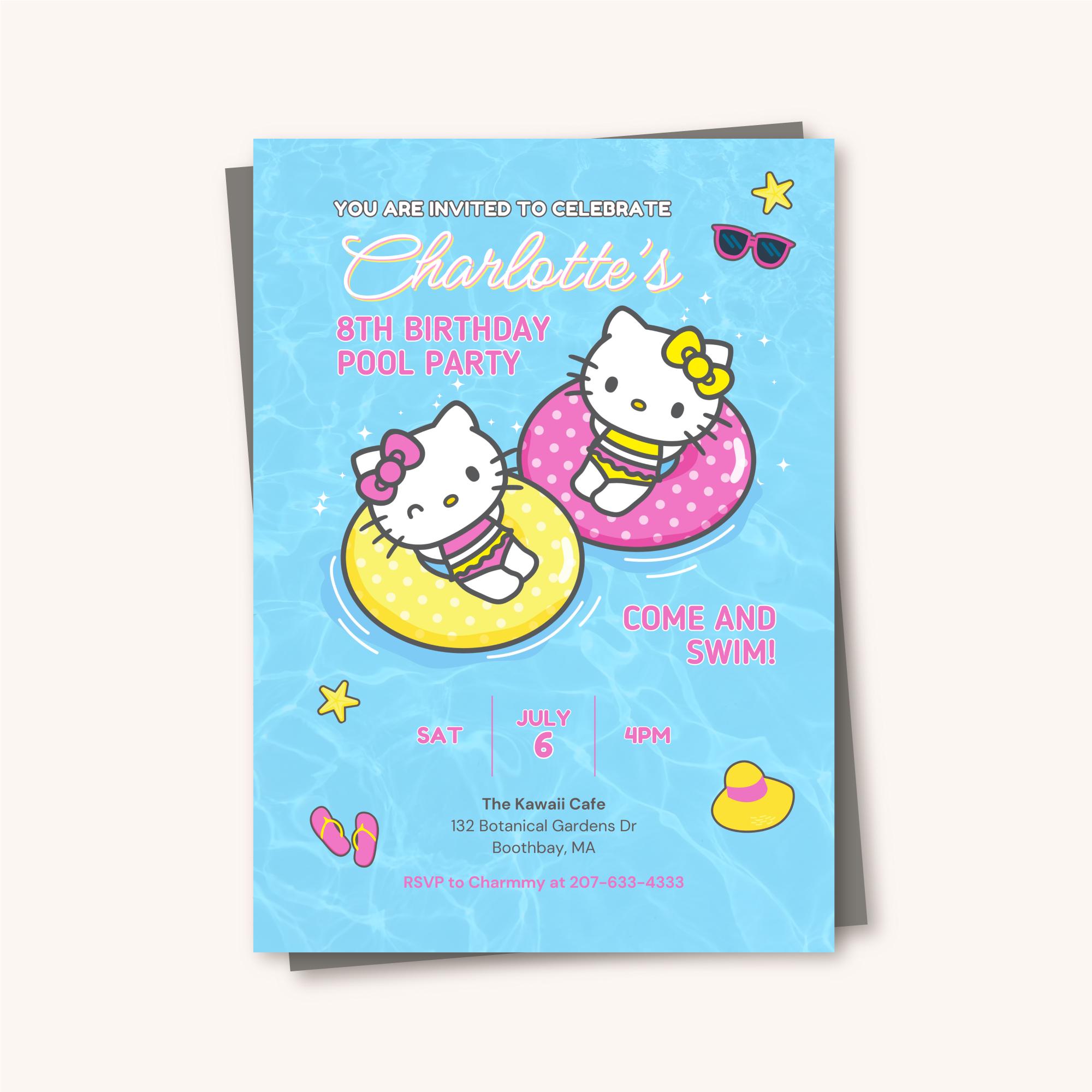 Hello Cat Children's Birthday Pool Party Summer Invitation Template ...