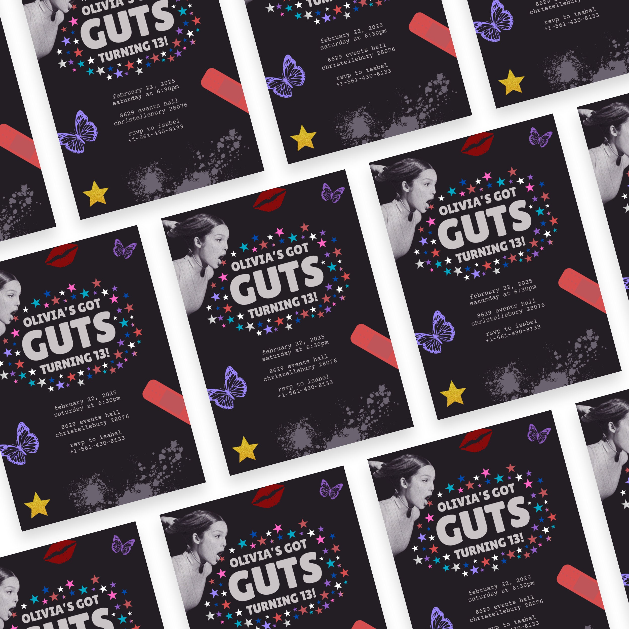 Olivia Rodrigo Guts Inspired Birthday Invitation Template Purple Stars ...