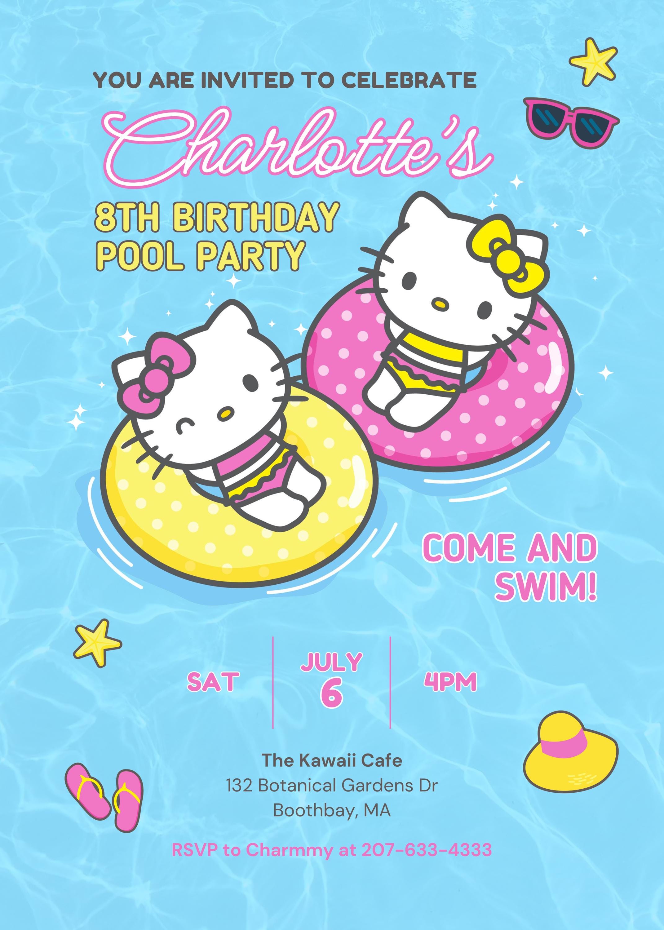 Hello Cat Children's Birthday Pool Party Summer Invitation Template ...