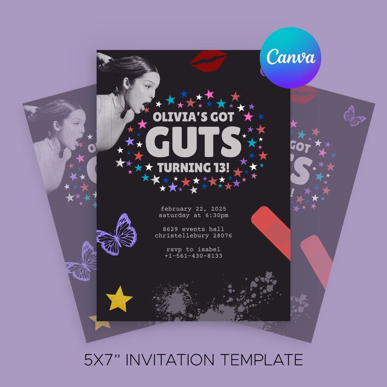 Olivia Rodrigo Guts Inspired Birthday Invitation Template Purple Stars ...