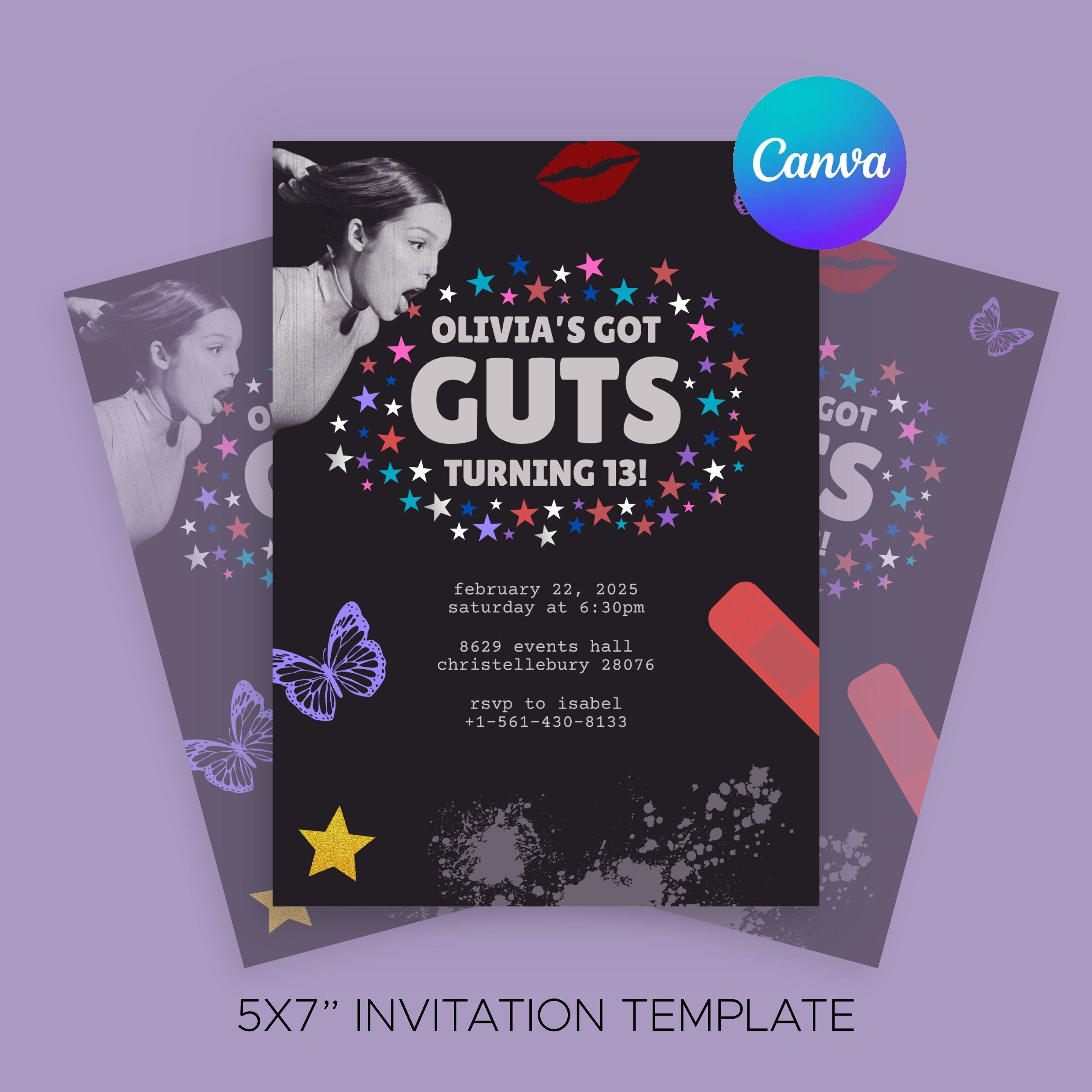 Olivia Rodrigo Guts Inspired Birthday Invitation Template Purple Stars ...