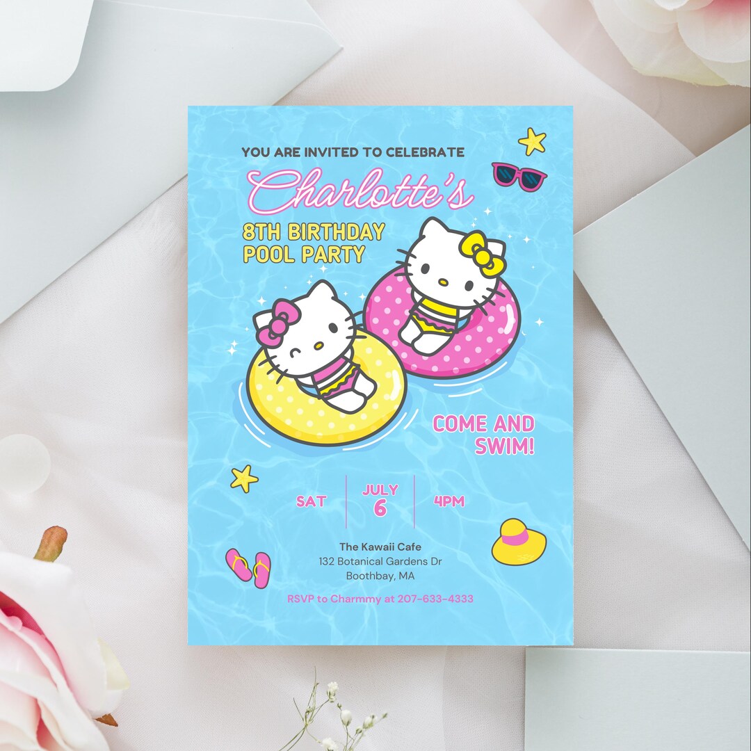 Hello Cat Children's Birthday Pool Party Summer Invitation Template ...