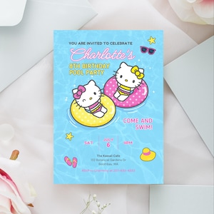 Hello Cat Children's Birthday Pool Party Summer Invitation Template ...