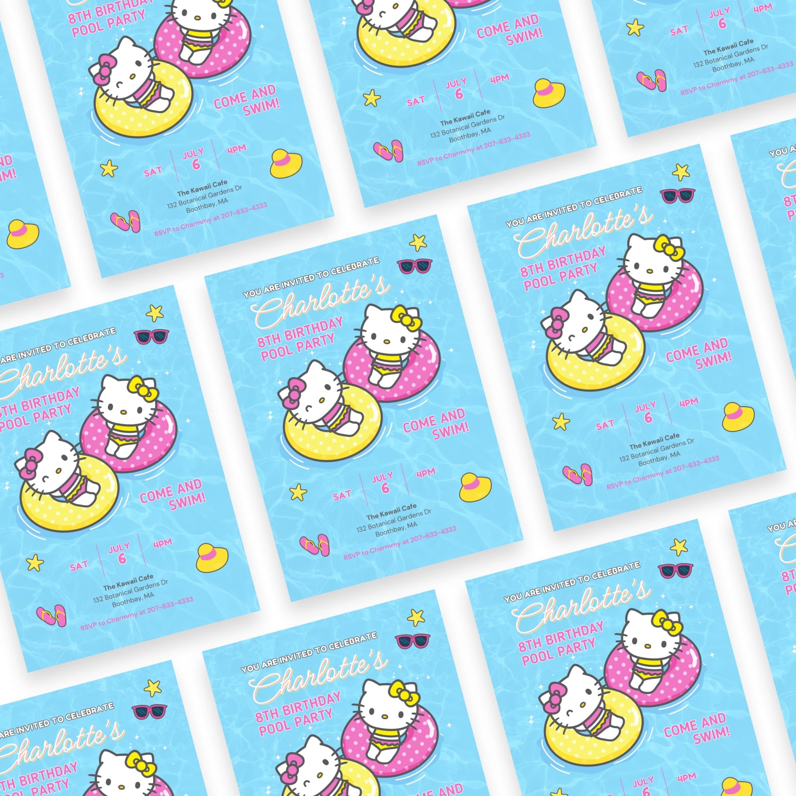 Hello Cat Children's Birthday Pool Party Summer Invitation Template ...