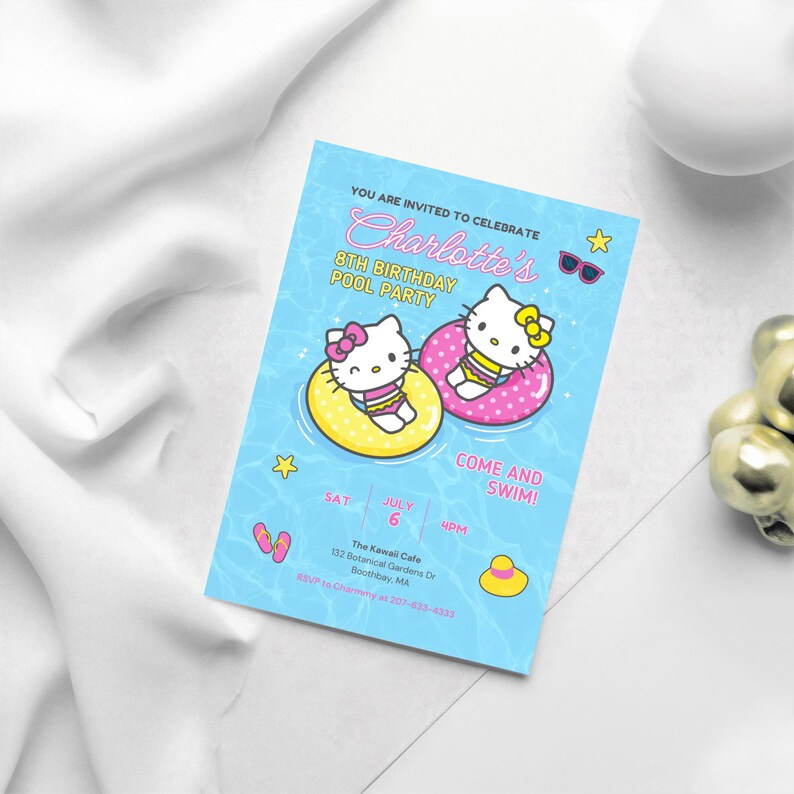 Hello Cat Children's Birthday Pool Party Summer Invitation Template ...