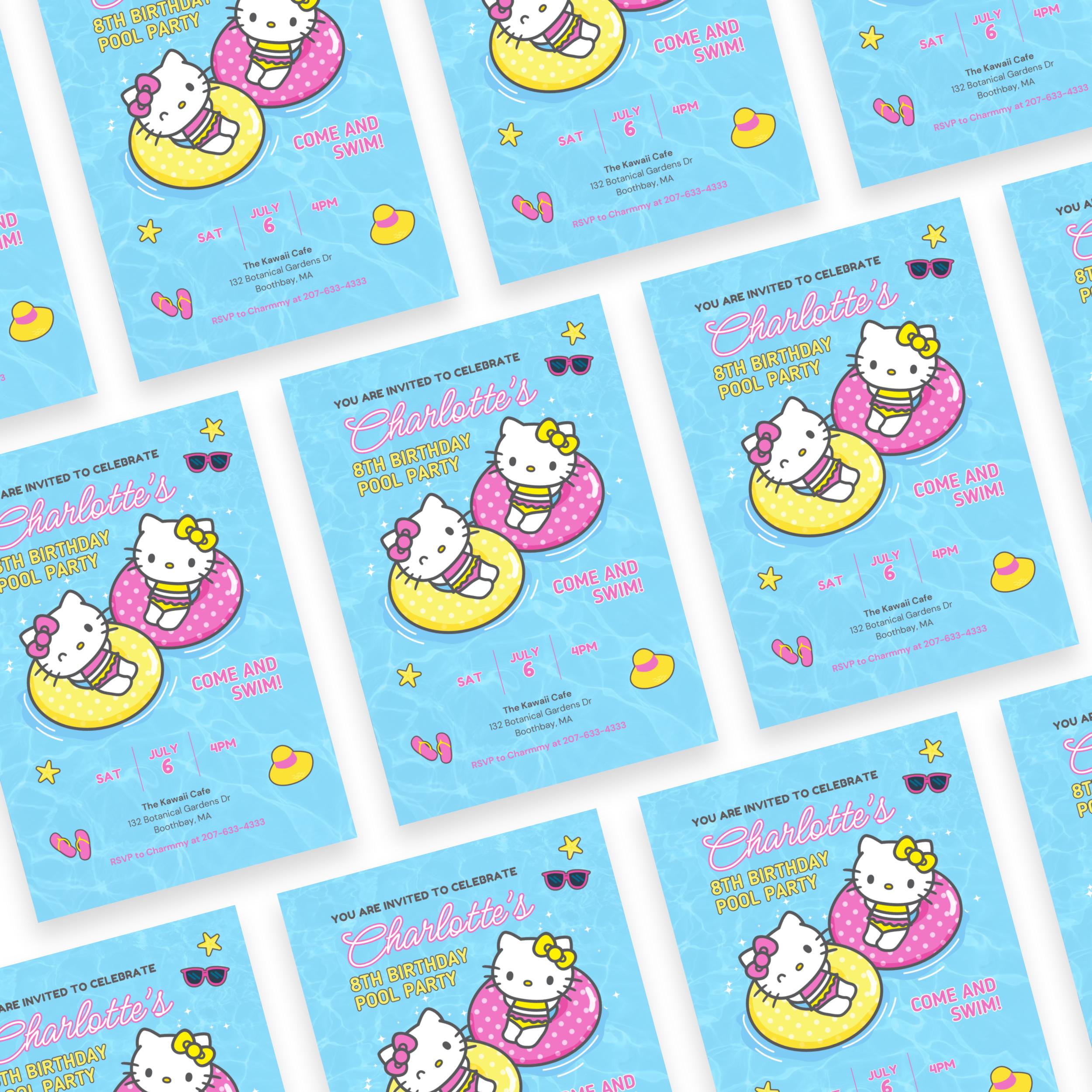 Hello Cat Children's Birthday Pool Party Summer Invitation Template ...