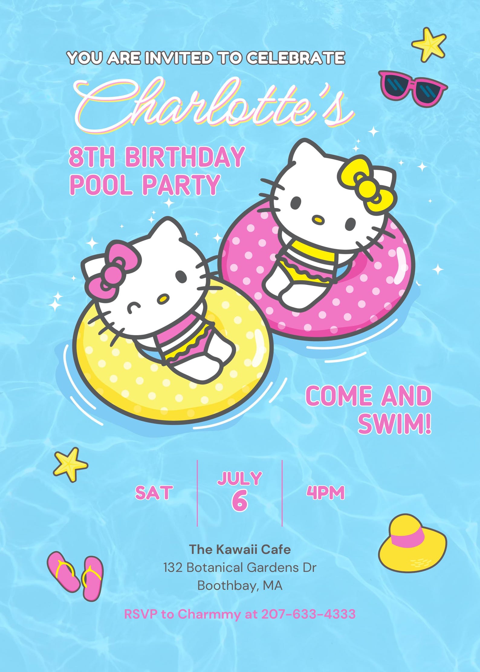 Hello Cat Children's Birthday Pool Party Summer Invitation Template ...