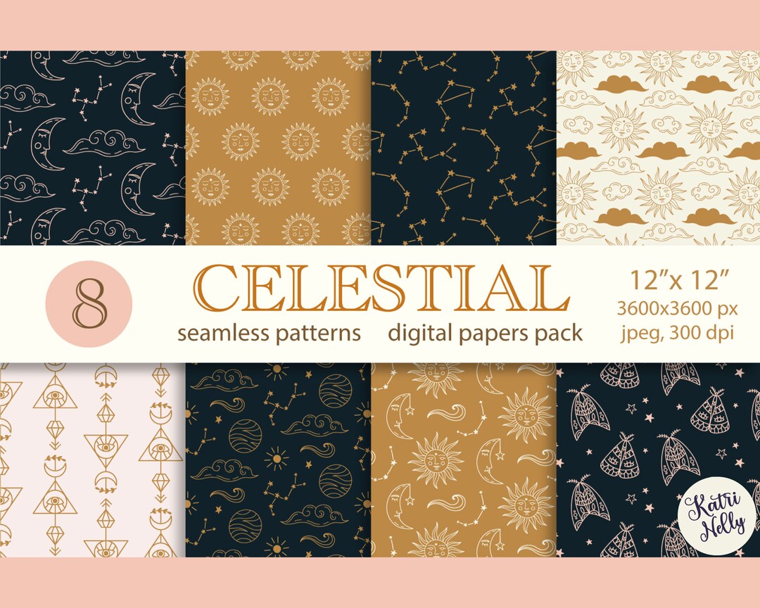 Celestial Magical Digital Papers Boho Night Seamless Patterns Pack Printable Scrapbook Paper ...