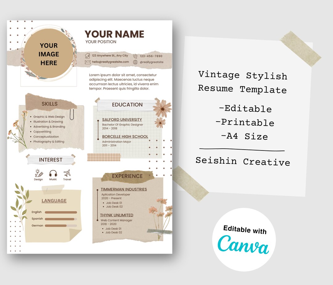 Vintage Stylish Resume CV Printable Template - Etsy