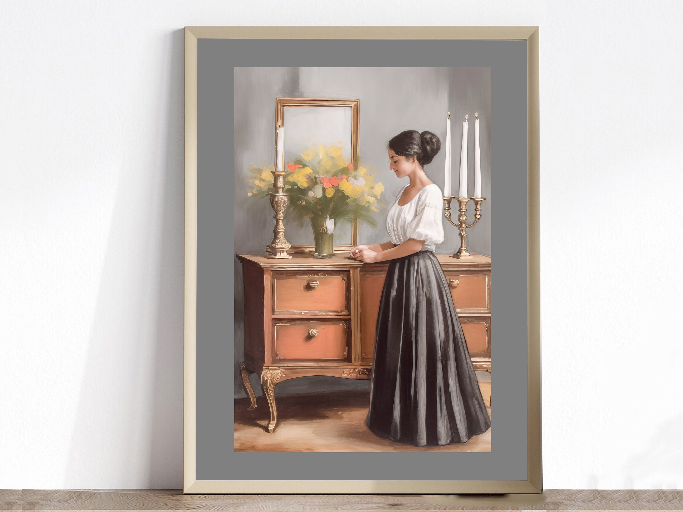 Vintage Poster, Retro Picture, Woman at a Chest of Drawers, Classic Art ...