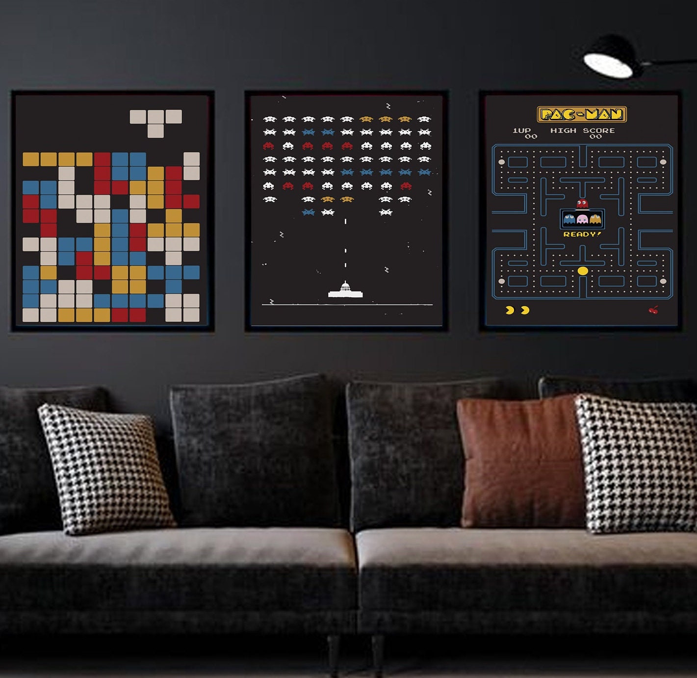 3 Retro Arcade Gaming Wall Art, Gallery Wall, Tetris, Pac Man, Space ...