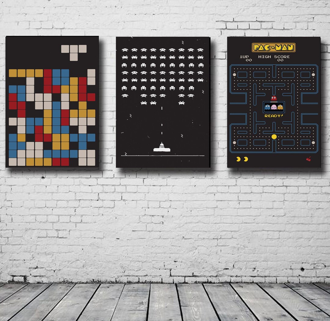 3 Retro Arcade Gaming Wall Art, Gallery Wall, Tetris, Pac Man, Space ...