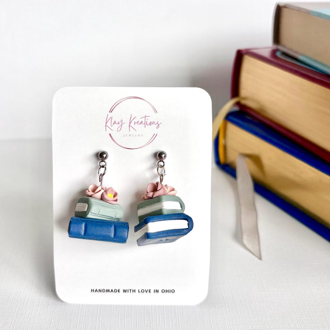 Book Earrings, Stack of Books Polymer Clay Earrings, Floral Book ...