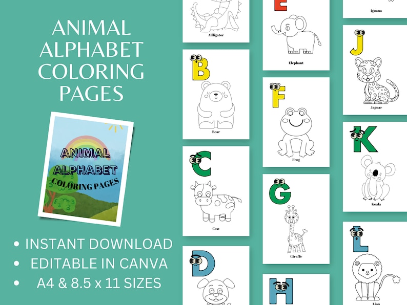 Printable Alphabet Coloring Pages for Kids / Digital Animal Alphabet ...