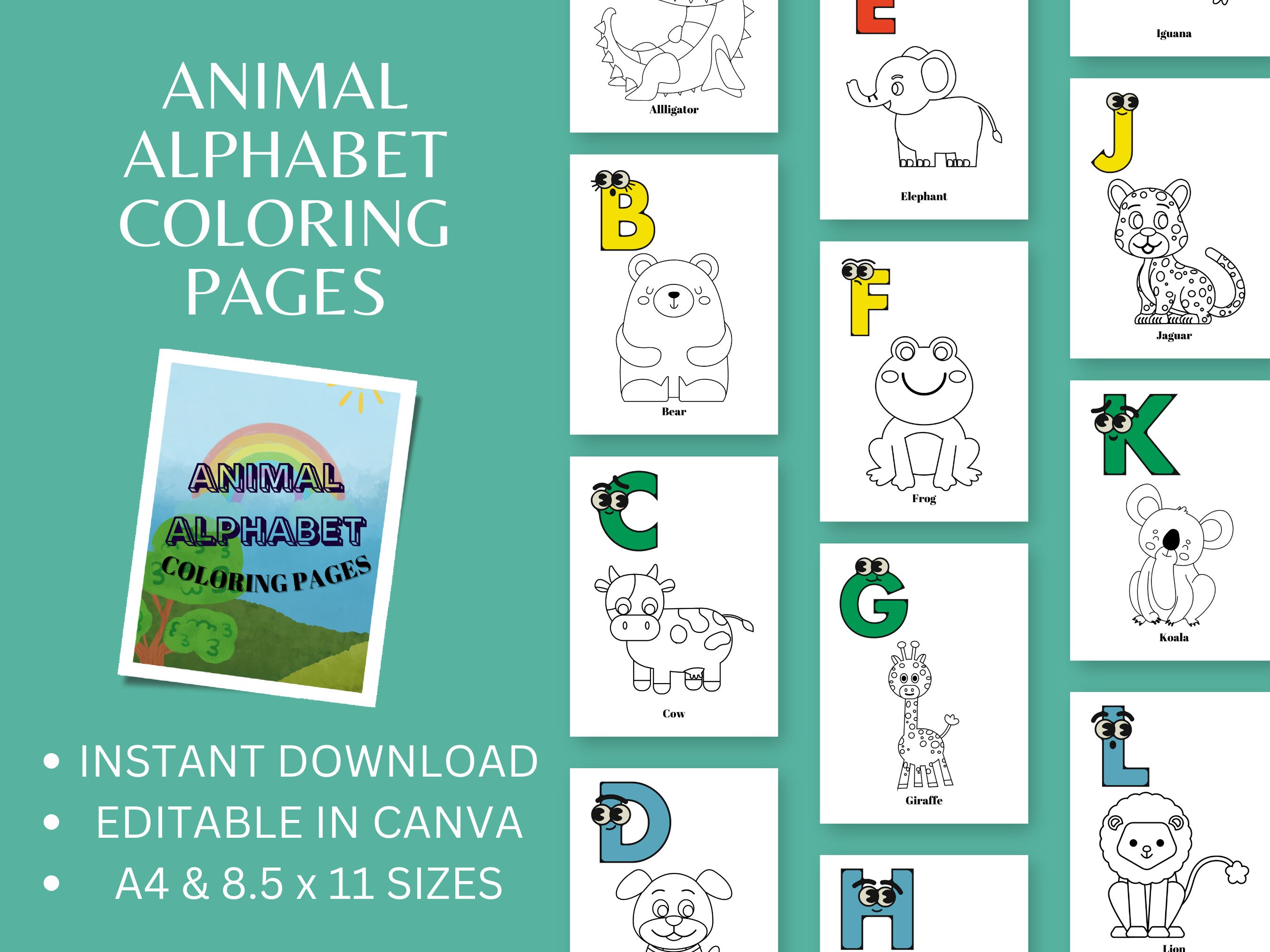 Printable Alphabet Coloring Pages for Kids / Digital Animal Alphabet ...