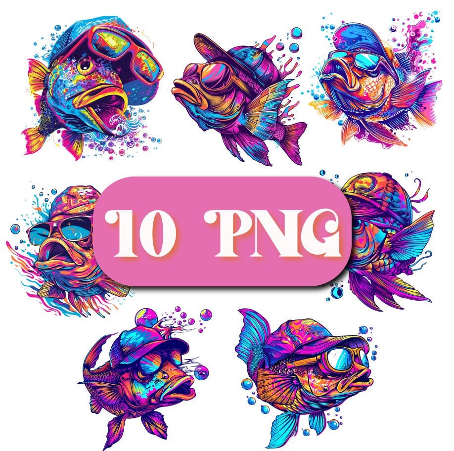 10 Colorful Bass Fish PNG, Funny Bass Fish, Watercolor Bass, Fish ...