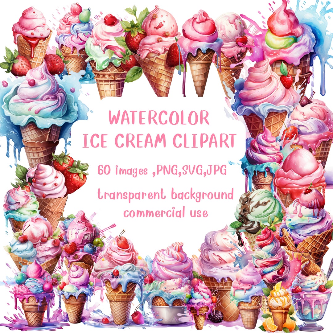 Watercolor Ice Cream Clipart Bundle - 60 PNG Images, Graphics Art, Gift ...