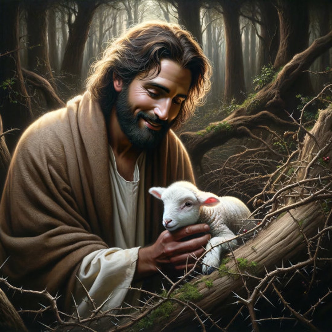 Christian Art: "rescuing the Lamb." Jesus Rescuing a Lost Lamb From a ...