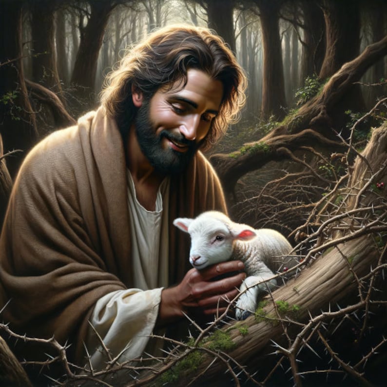 Christian Art: "rescuing the Lamb." Jesus Rescuing a Lost Lamb From a ...