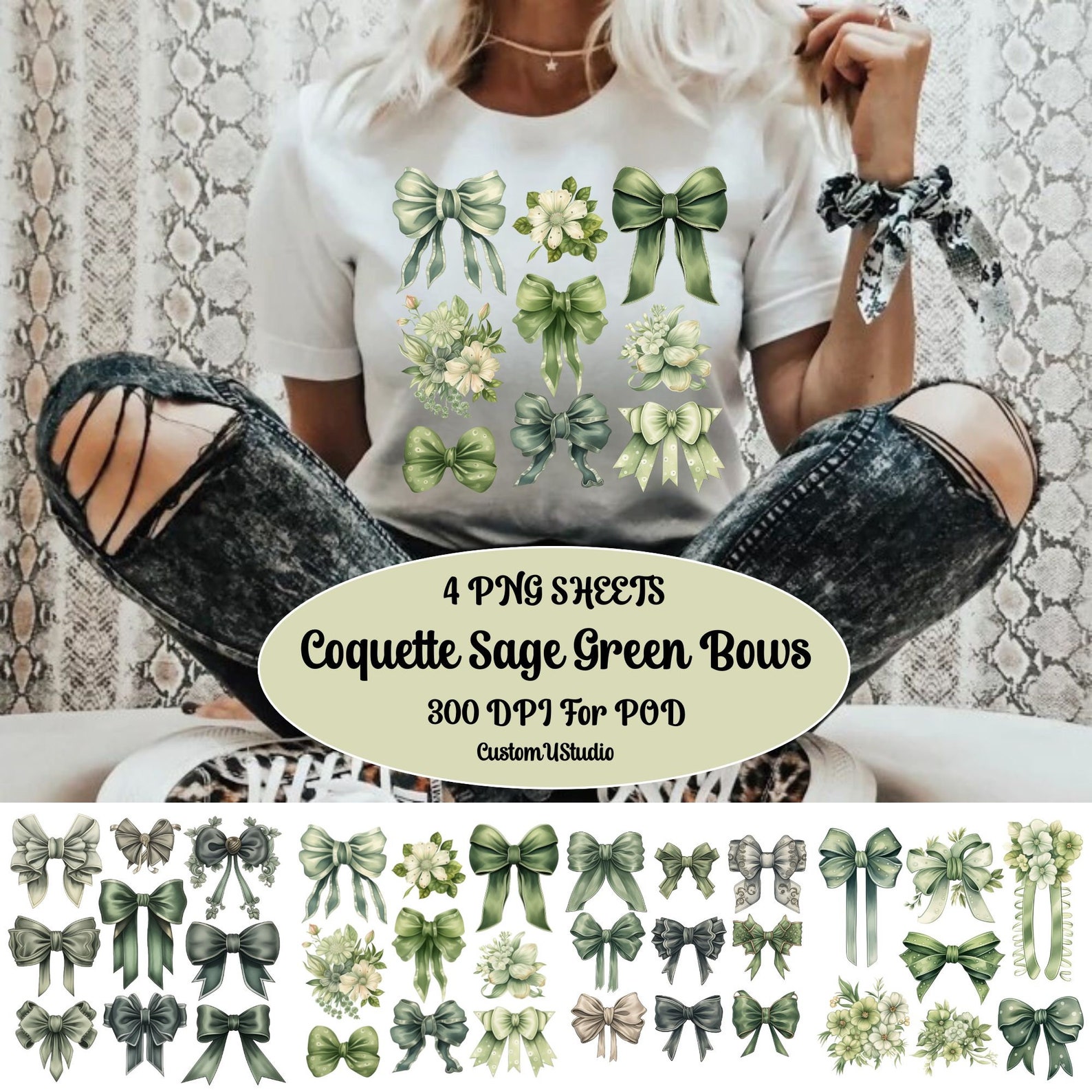 Coquette Bows Sage Green Clipart PNG Sheets for Stickers, POD, Digital ...