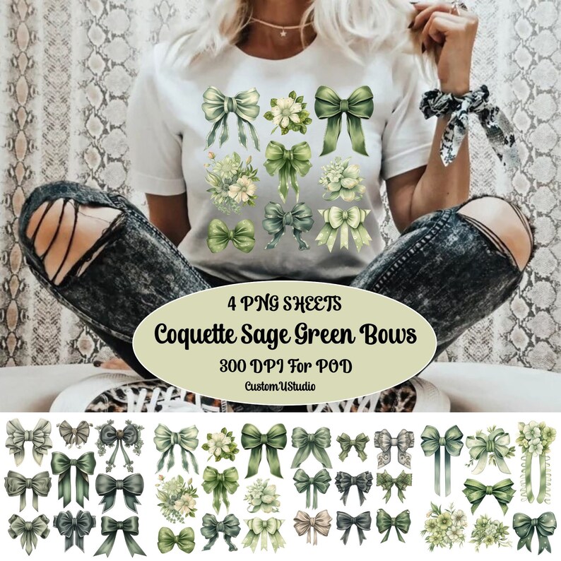 Coquette Bows Sage Green Clipart PNG Sheets for Stickers, POD, Digital ...