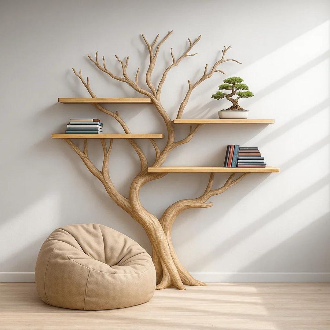 Large Tree Bookshelf Wall-mounted – Unique Handmade Wooden Tree Shelf ...