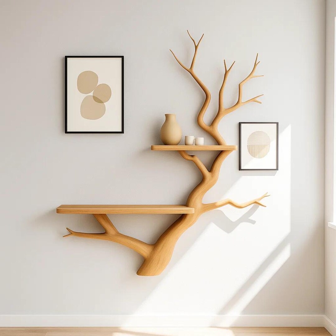 Minimalist Tree Bookshelf Wall-mounted – Wooden Shelf Art for Japandi ...