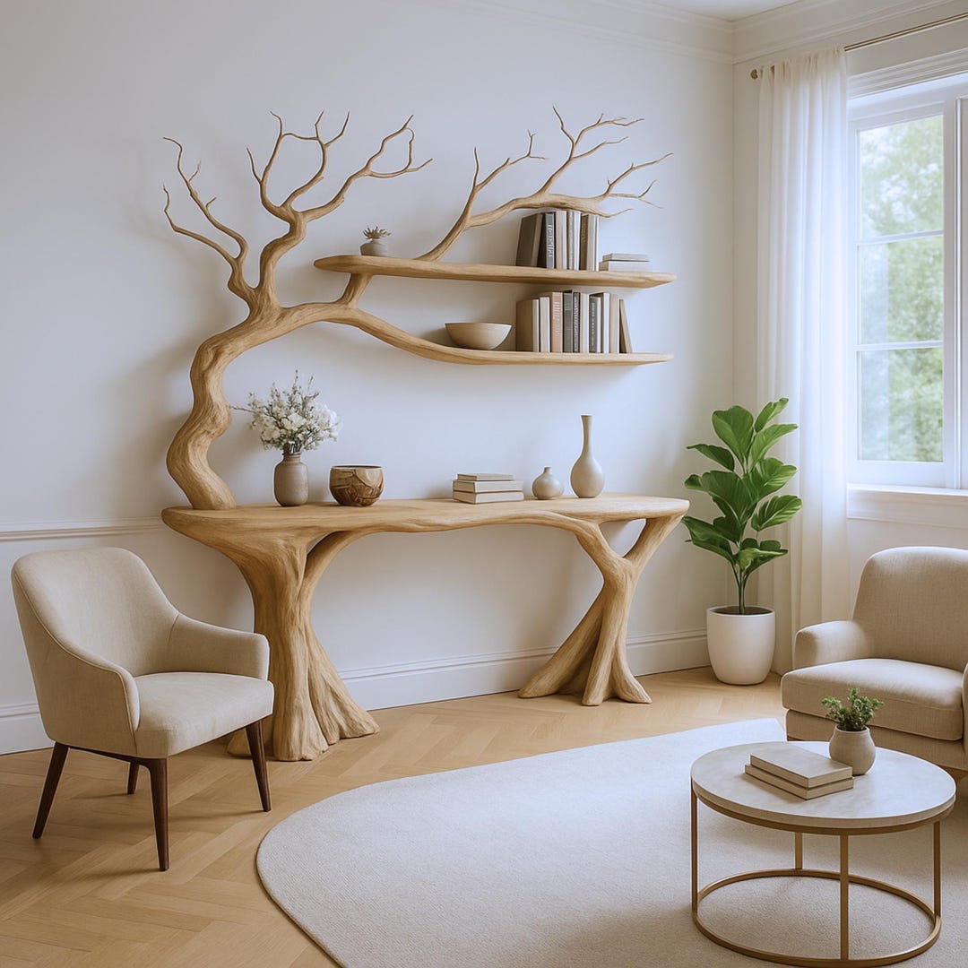 Large Tree Branch Console Table With Bookshelves – Handcrafted Natural ...