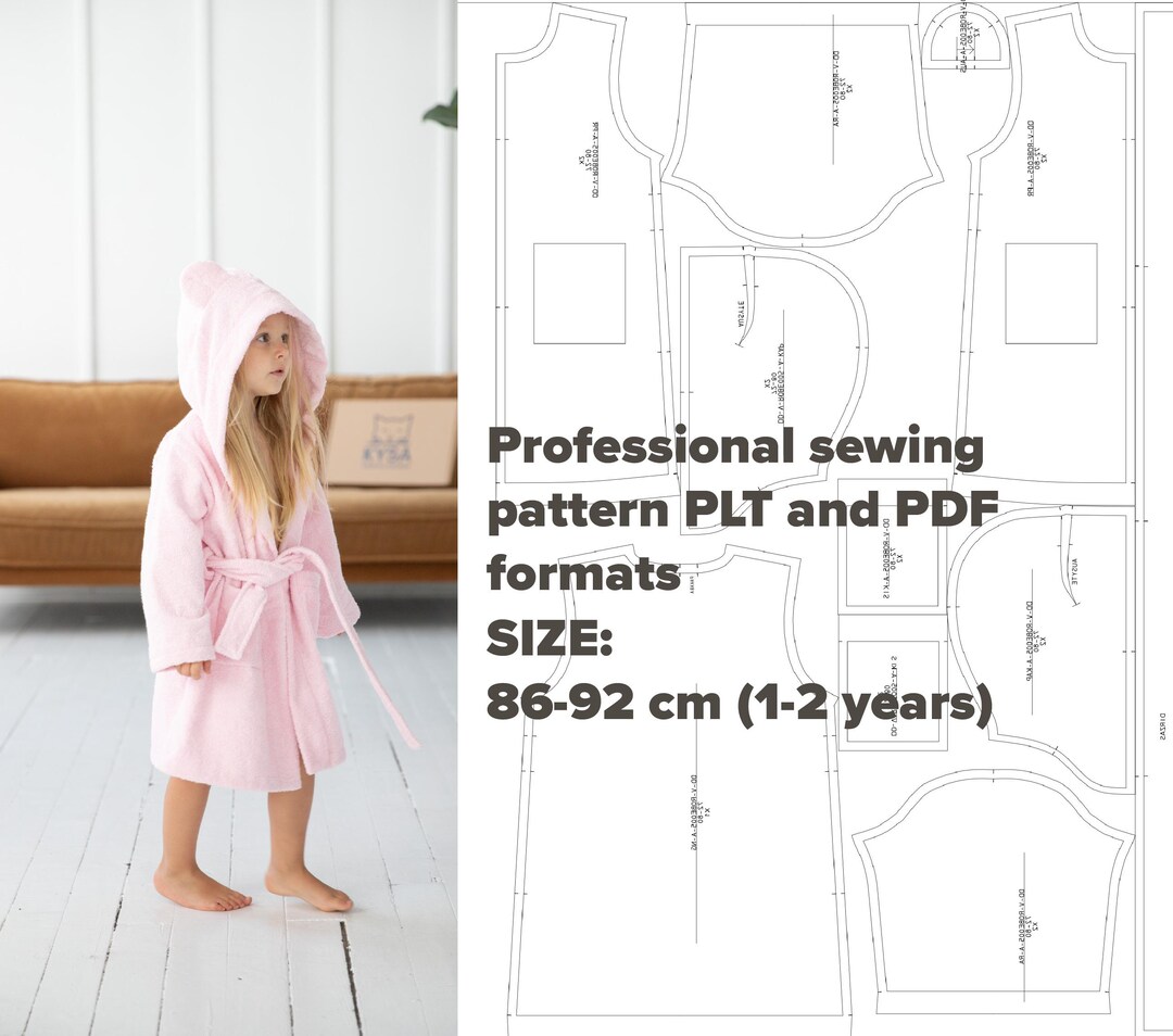 Professional Sewing Pattern for Kid's Bathrobe PLT and PDF Formats (size: 86-92 Cm / 1-2 Years ...