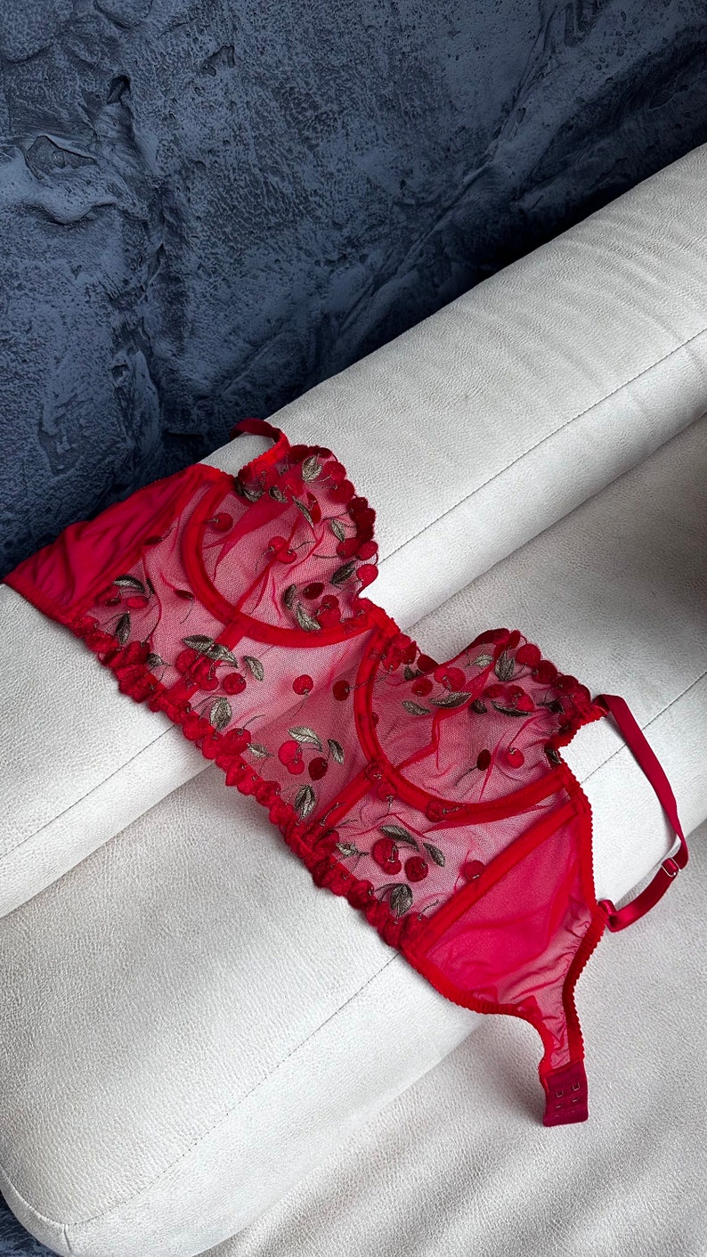 Cherry Crush: Red Lace Lingerie Set With Mesh and Corset Bra - Etsy