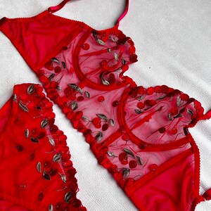Cherry Crush: Red Lace Lingerie Set With Mesh and Corset Bra - Etsy