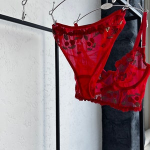 Cherry Crush: Red Lace Lingerie Set With Mesh and Corset Bra - Etsy