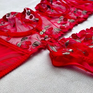 Cherry Crush: Red Lace Lingerie Set With Mesh and Corset Bra - Etsy