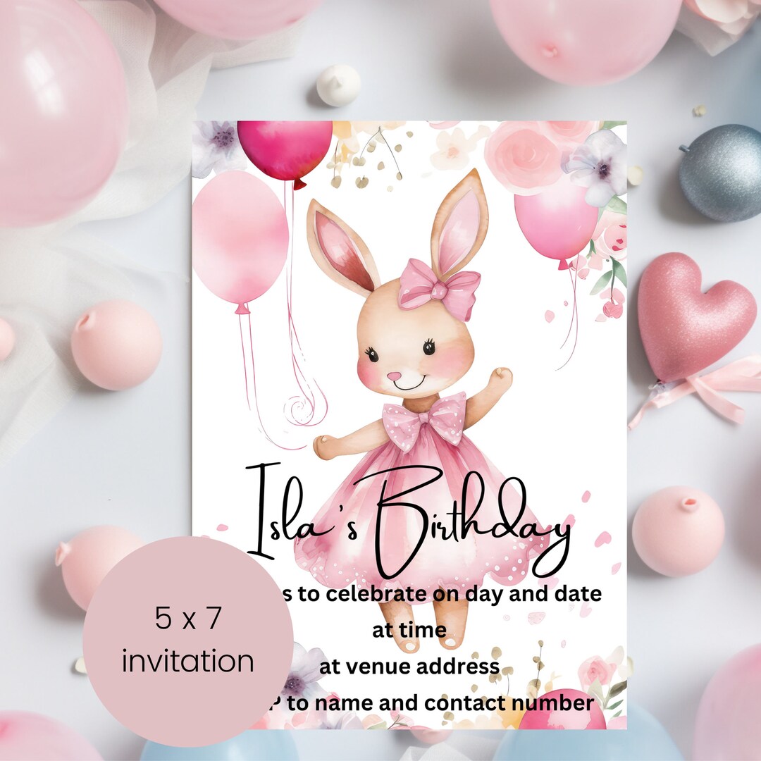 Pink Rabbit Party Invitation, Invitation Template, Printable Invitation ...