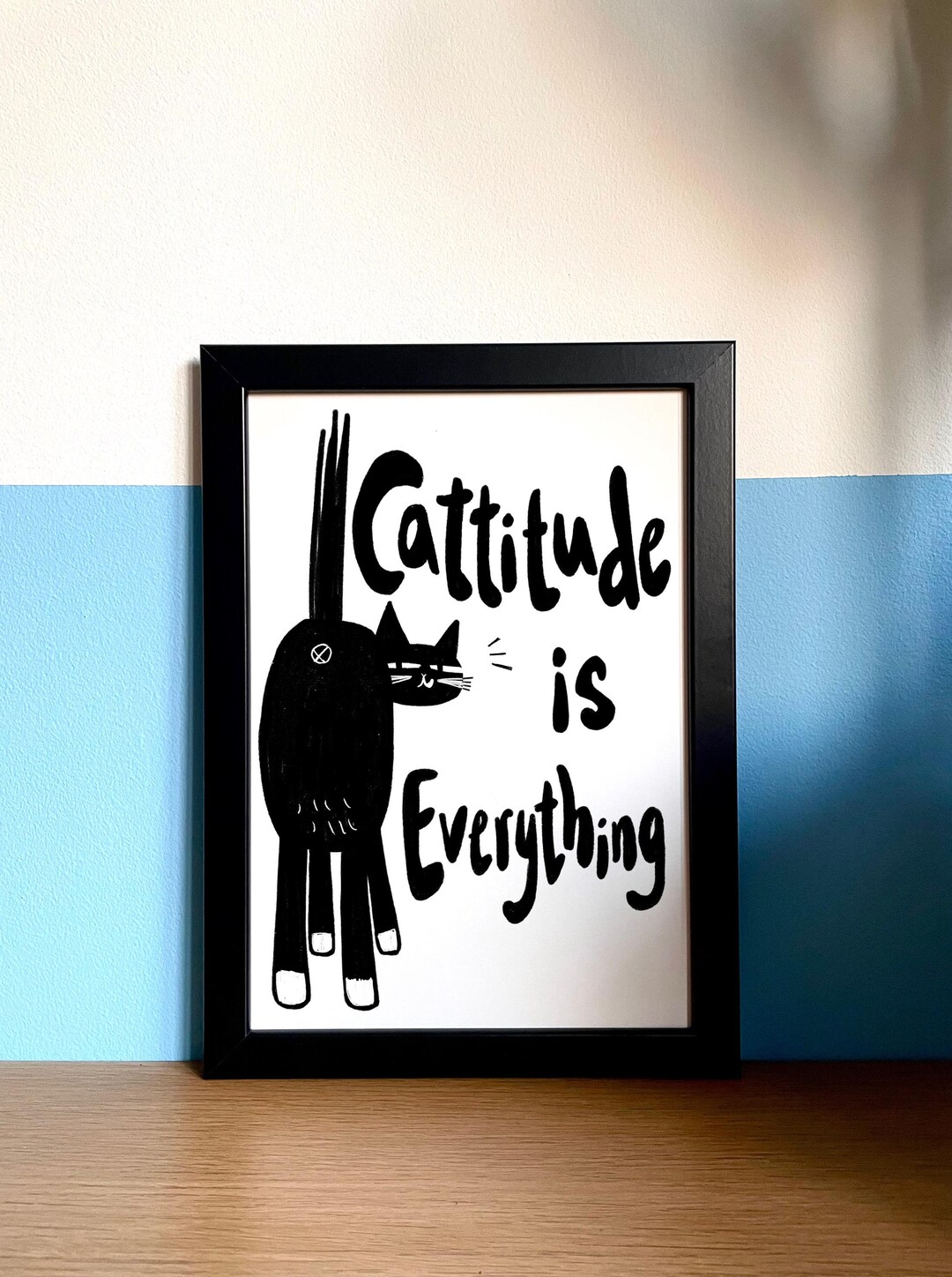 Black and White Cat Art Print A4 | Cattitude is Everything | Funny ...