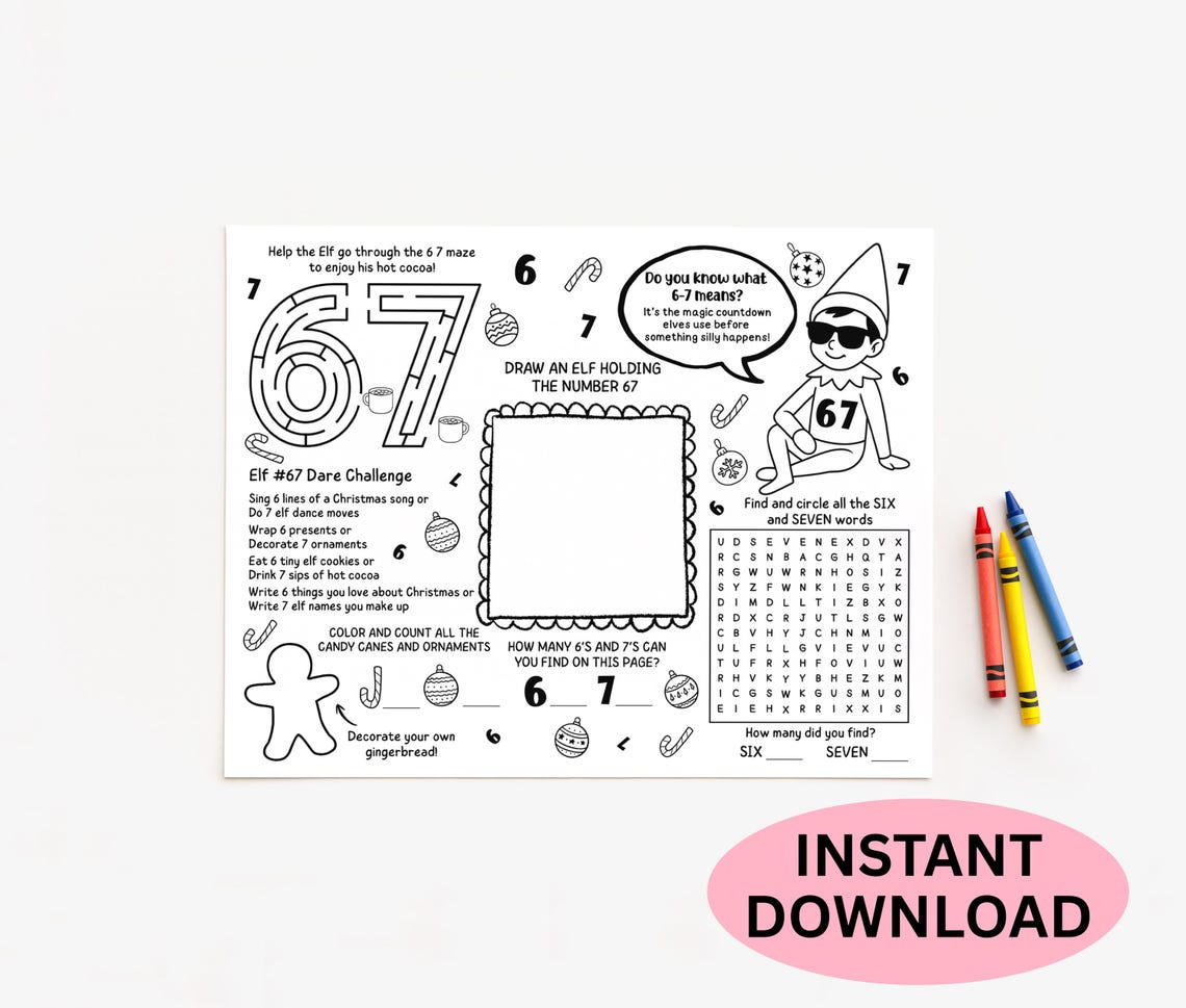 Elf 67 Activity Sheet Printable, Six Seven Trending Meme Funny Elf ...