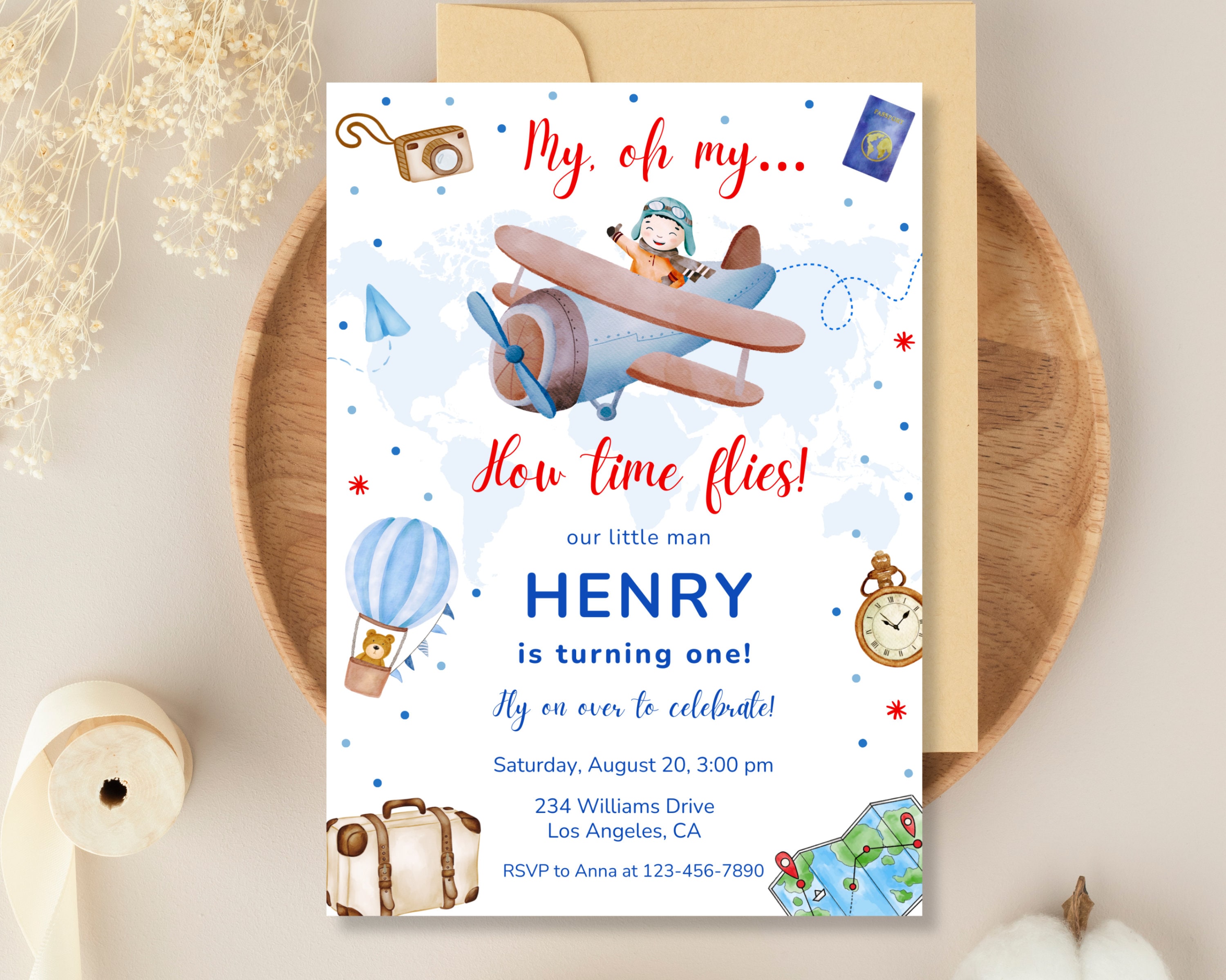 Airplane Birthday Invitation, Boy 1st Birthday Invite, Editable ...