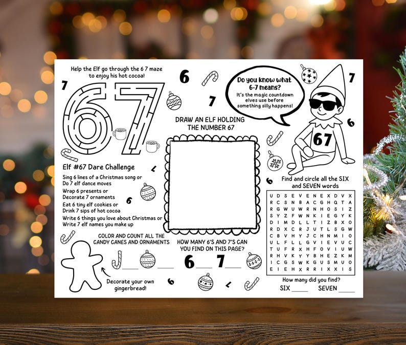 Elf 67 Activity Sheet Printable, Six Seven Trending Meme Funny Elf ...