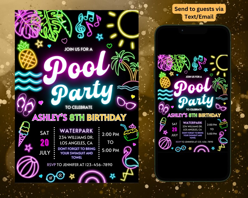 Pool Party Invitation, Glow Neon Pool Party Invite, Girl Boy Tropical ...
