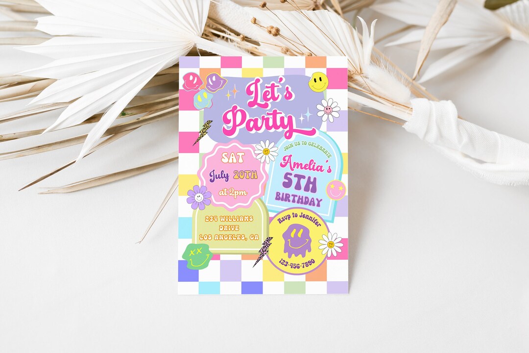 Checkered Smiley Face Birthday Invitation, Preppy Face Smiley Party ...