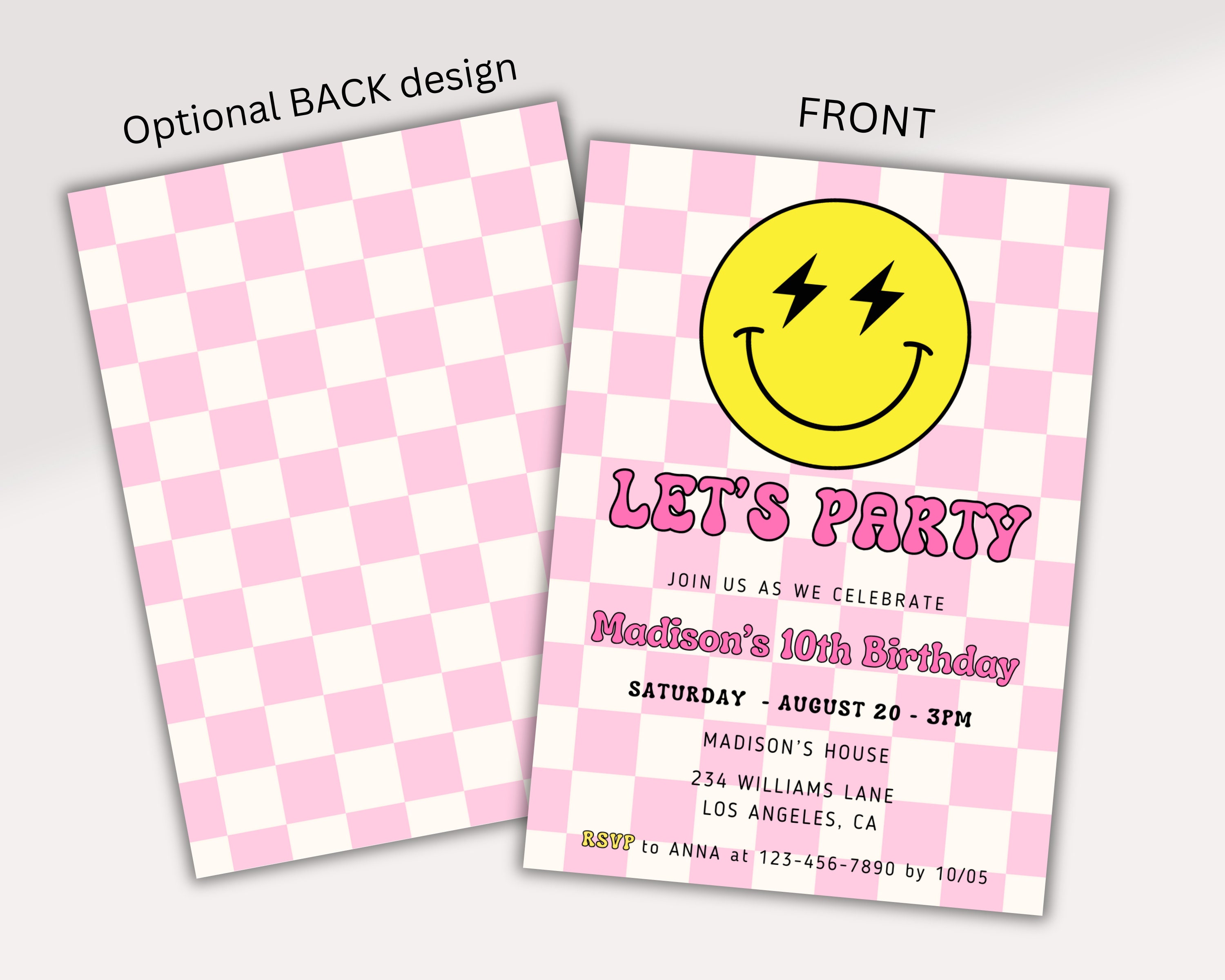 Smiley Face Invite, Smiley Face Birthday Invitation, Pink Retro ...