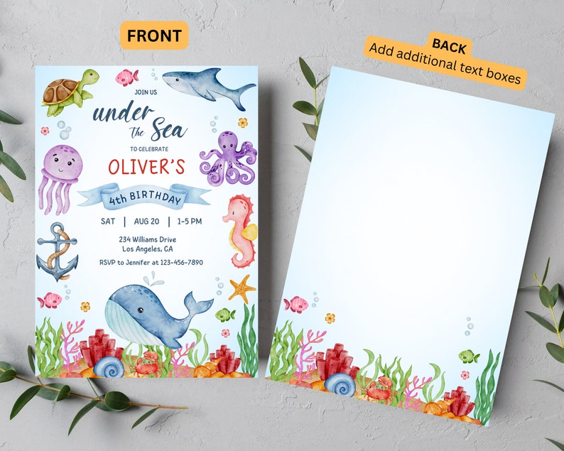 Under the Sea Birthday Invitation, Ocean Animals Whale Shark Party ...