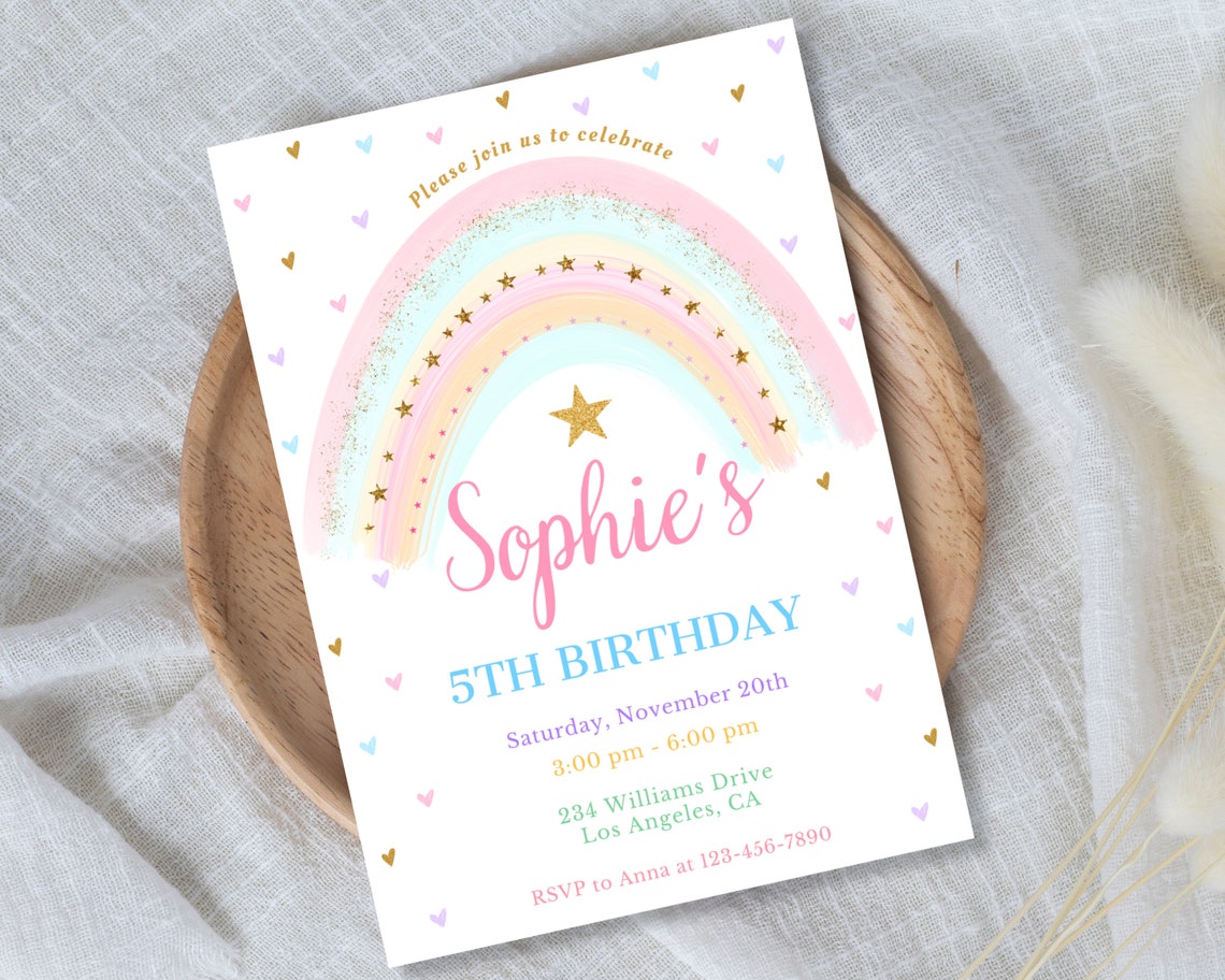 Rainbow Birthday Party Invitation, Colorful Pastel Rainbow Party Invite ...