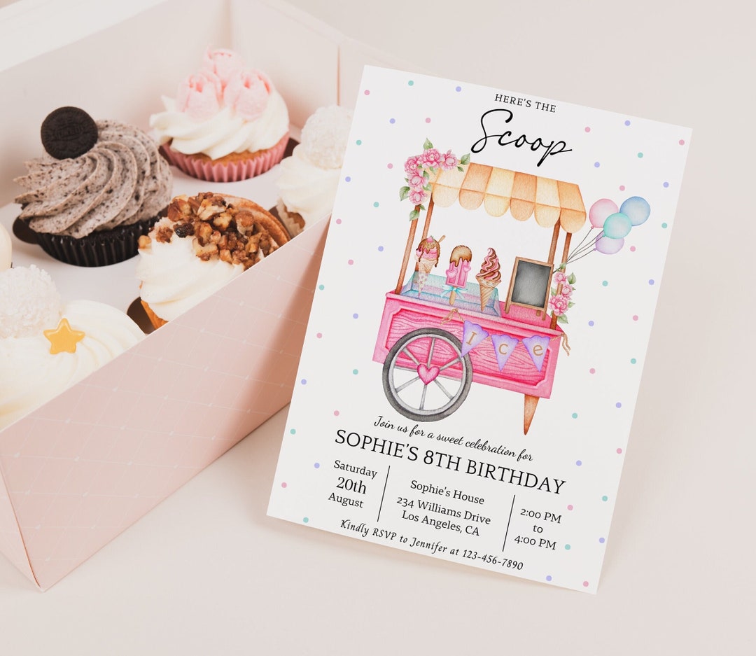 Editable Ice Cream Stall Birthday Party Invitation, Here's the Scoop ...