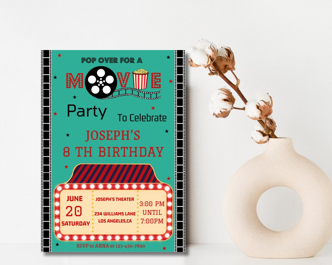 Movie Party Birthday Invitation, Cinema Birthday Invite, Pop on Over ...