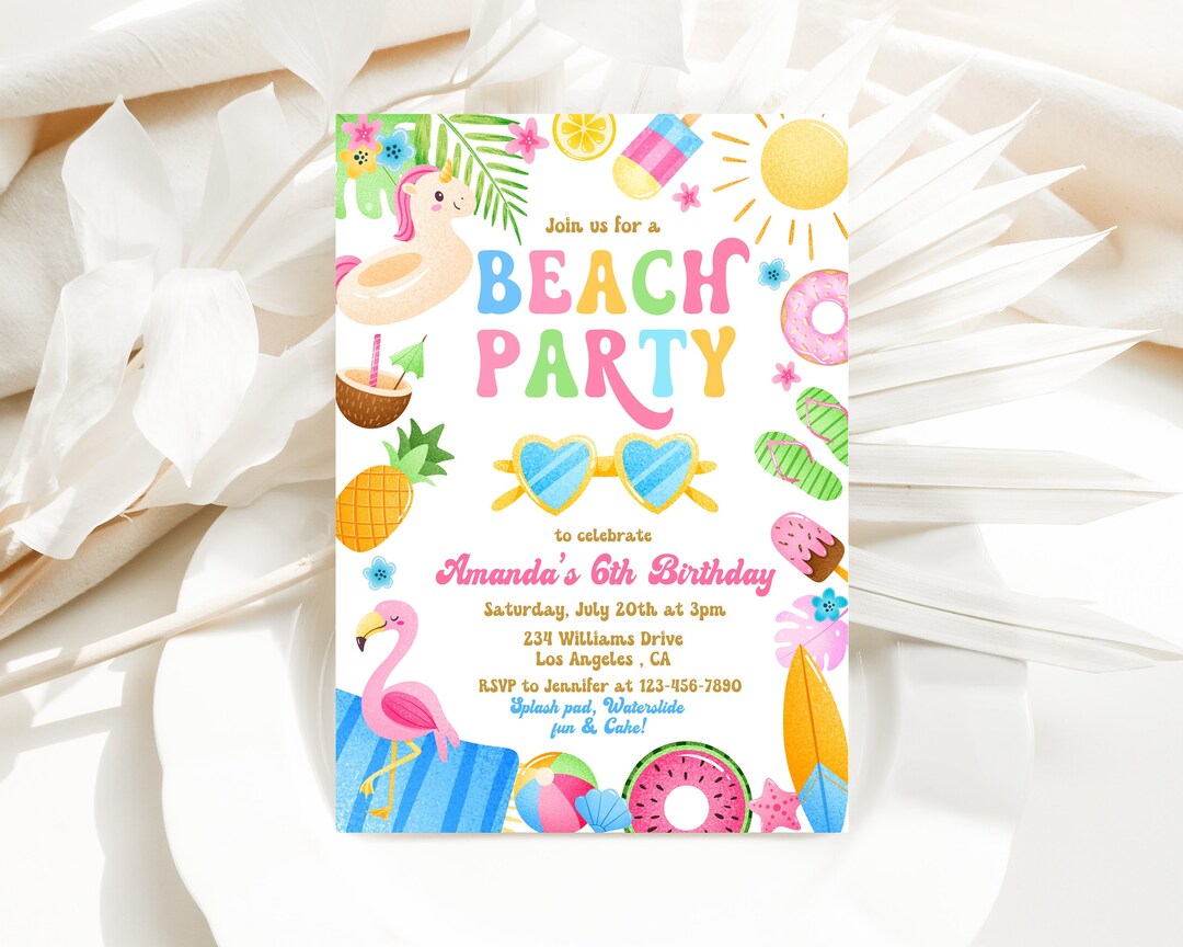 Beach Birthday Party Invitation, EDITABLE Tropical Splish Splash Girl ...