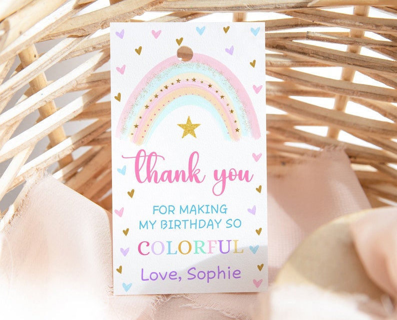 Rainbow Birthday Thank You Tag, Pastel Rainbow Party Gift Tags, Rainbow ...